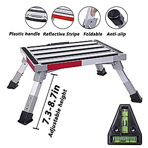 Homeon Wheels Safety RV Steps, Adjustable Height Folding Platform Step with Non-Slip Rubber Feet, Handle, Reflective Strips and T Level, 16.5" x 12.2" RV Step Stool, Supports Up to 1000lbs