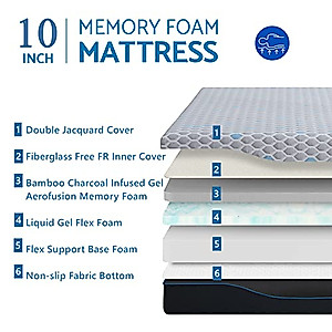 LIFERECORD 10 Inch Twin Size Mattress, Medium Feel Memory Foam Mattress, Gel Bamboo Charcoal Memory Foam Mattresses Regulates Temperature, Made in USA, Mattress in A Box, CertiPUR-US,SFT-10T