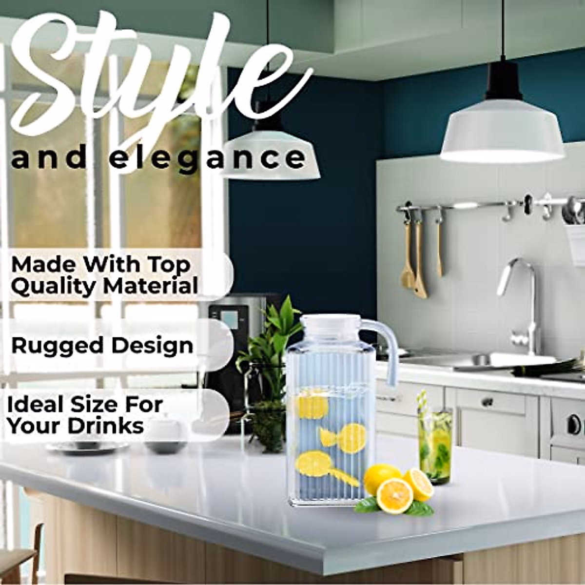 Xabono 1.8 L (62.5 oz) Glass Pitcher with Lid 2 Quart Pitcher with Lid Strong Glass Glass Pitcher Fridge Glass Water Pitcher Juice Sangria Ice Tea Glass Milk Bottle with Lid Glass Handle Glass Carafe