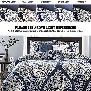 Madison Park Vienna Sateen Cotton Comforter Set, Breathable, Soft Cover, Trendy, All Season Down Alternative Cozy Bedding with Matching Shams, King, Indigo 7 Piece