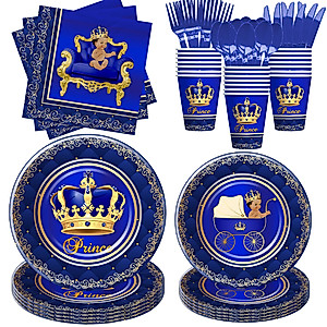 Xenorik Royal Prince Baby Shower Decorations Party Tableware Boys - Blue Gold Little Prince Baby Boy Decorations Supplies, Plate, Napkin, Cup, Cutlery, Prince Baby Boy Table Decorations | Serve 24