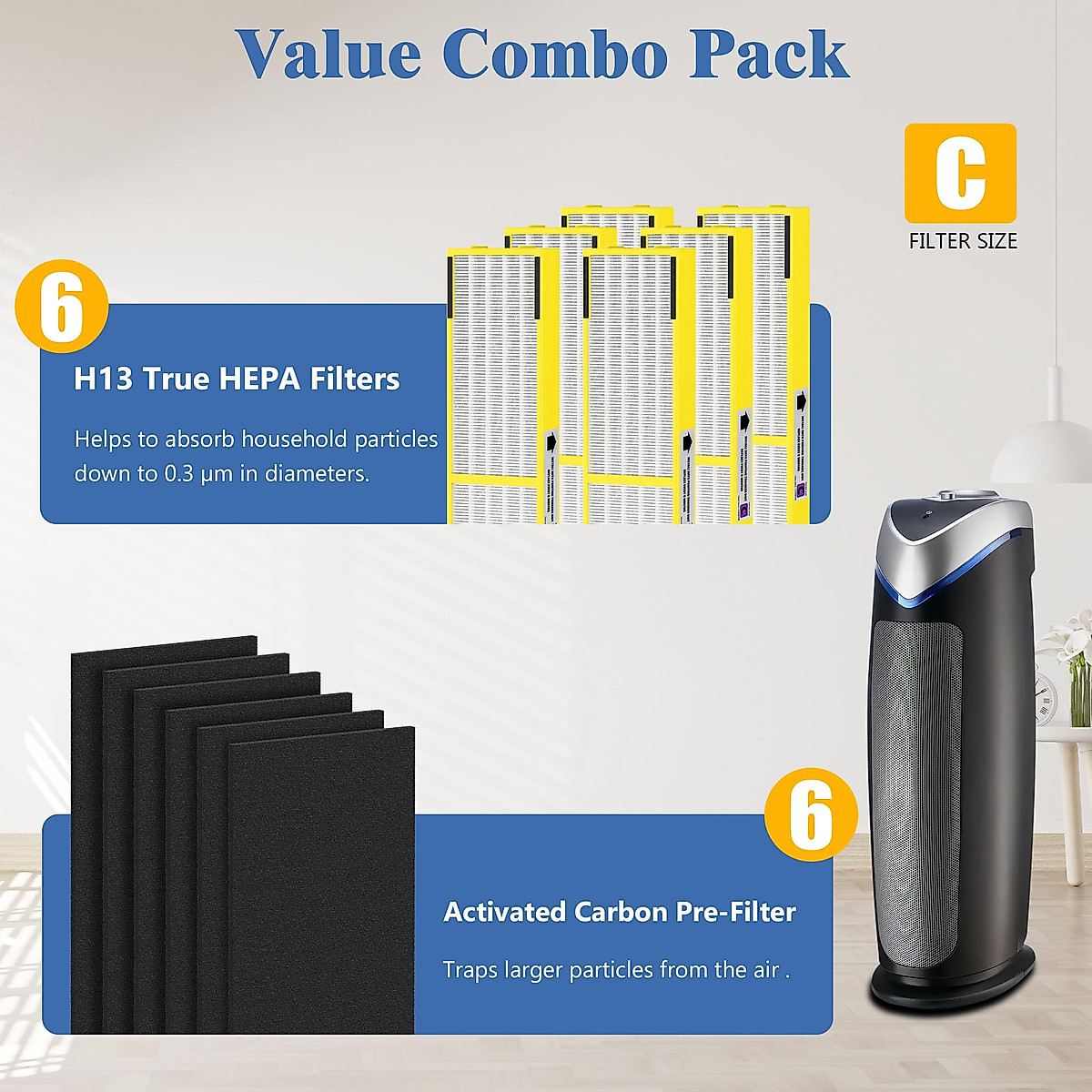6 Packs FLT5000 Plastic Frame True HEPA Filter C Replacement Compatible with AC5000 AC5000E AC5250PT AC5350B AC5350BCA AC5350W AC5300B with 6 Packs Activated Carbon Pre-Filters