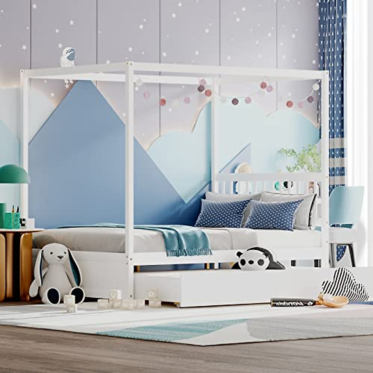 Giantex Canopy Bed with Trundle, Full Size Kids Solid Wood Platform Bed Frame w/Headboard Wooden Twin Trundle Bed for Boys Girls, No Box Spring Needed (White)