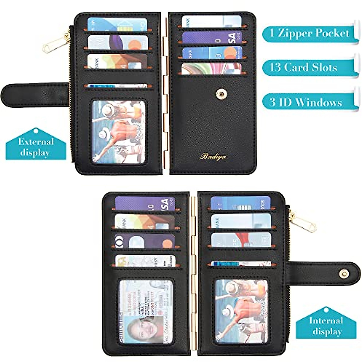 Badiya Credit Card Holder for Women RFID Blocking Slim Wallet Bifold Multi Card Case Zipper Pocket with 3 ID Window