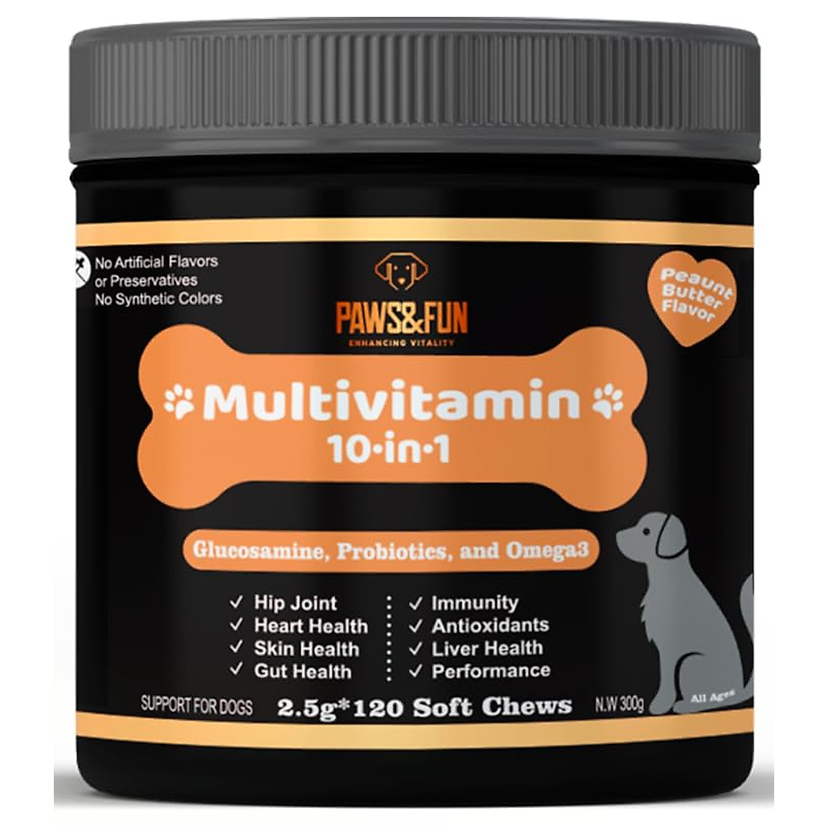 Paws&Fun – Dogs Supplement Multivitamin + Glucosamine for Hip & Joint + Probiotics for Digestion + Omega 3 Salmond Oil for Skin and Coat; 10 in 1 Chews (Peanut Butter 120ct)