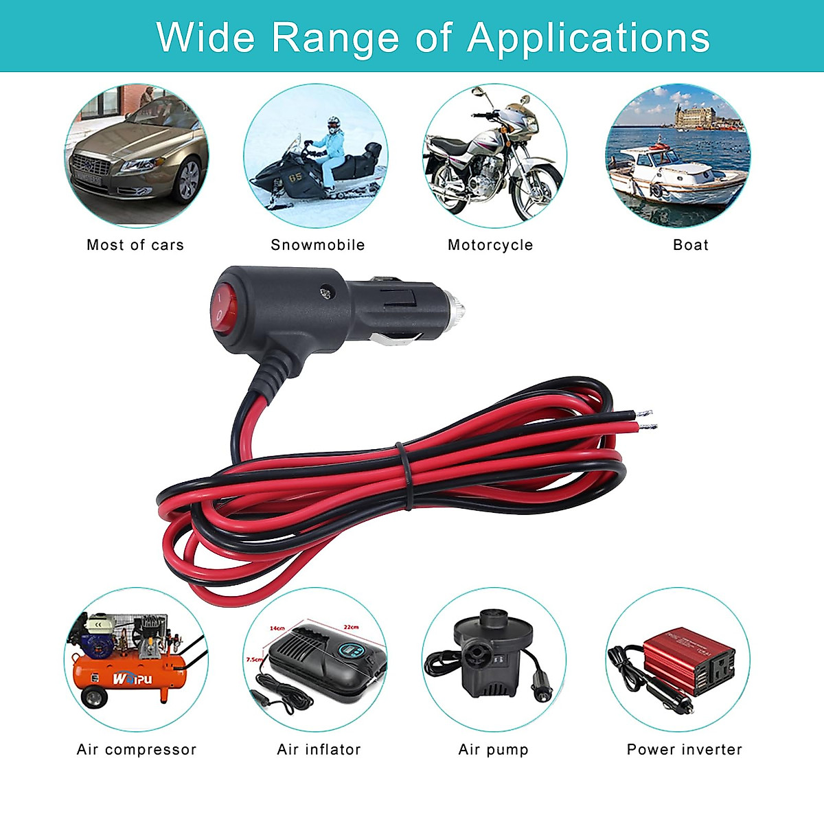 12V Cigarette Lighter Plug with On Off Switch - 6FT 16AWG Fused 15amp Male Plug Cigarette Lighter Replacement with Led Lights,12V Cigarette Lighter with Lead for Car Cooler,Cb Radio, Air Compressor