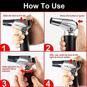 Blow Torch, Professional Kitchen Cooking Torch with Lock Adjustable Flame Refillable Mini Blow Torch Lighter for BBQ, Baking, Brulee Creme, Crafts and Soldering(Butane Gas Not Included)