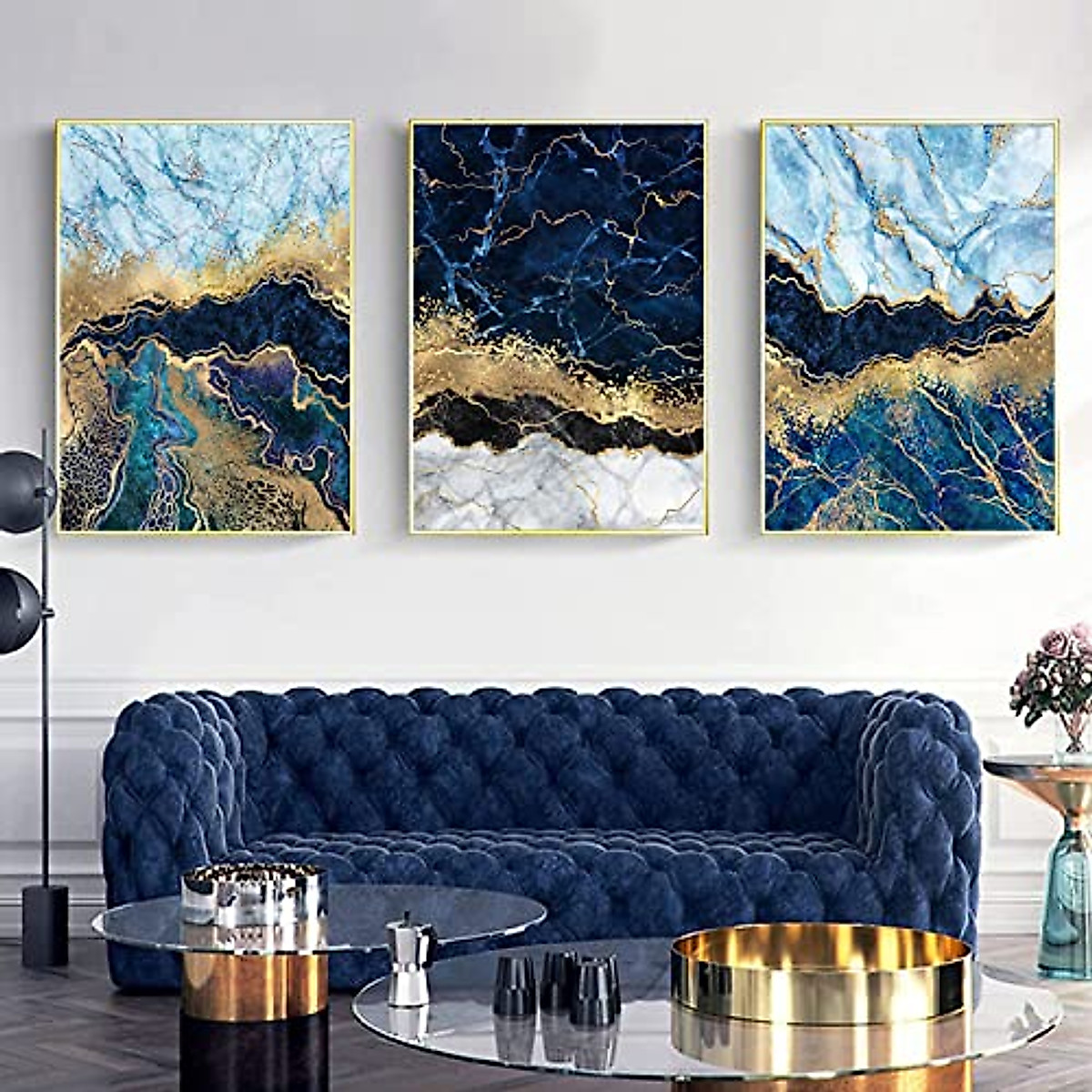 Navy Blue and Gold Marble Wall Art Abstract Marble Modern Trendy Canvas Prints Blue and White Marble Painting Abstract Shaped Artwork Light Blue and Navy Wall Art Abstract Marble 16x24inx3pcs No Frame