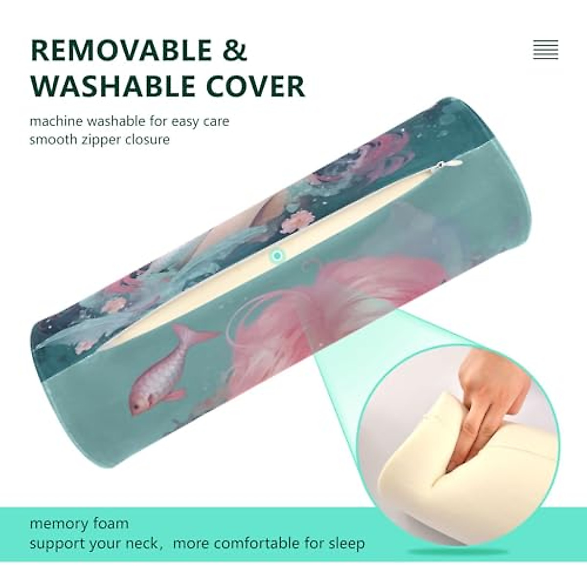 xigua Mermaids Neck Roll Pillow for Neck Relief with Removable Washable Cover - Memory Foam Round Cylinder Bolster, Ergonomically Designed for Head, Neck, Back, and Legs