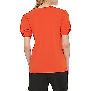 KARL LAGERFELD PARIS Women's Short Button Detail Puff Sleeve Top, Spicy Orange, Small