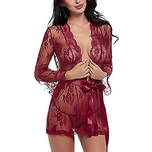 Qopobobo Sexy Lengerie for Women Naughty Women's Lace Kimono Robe Long Sleeve Lingerie Nightgown Mesh Dress with Belt