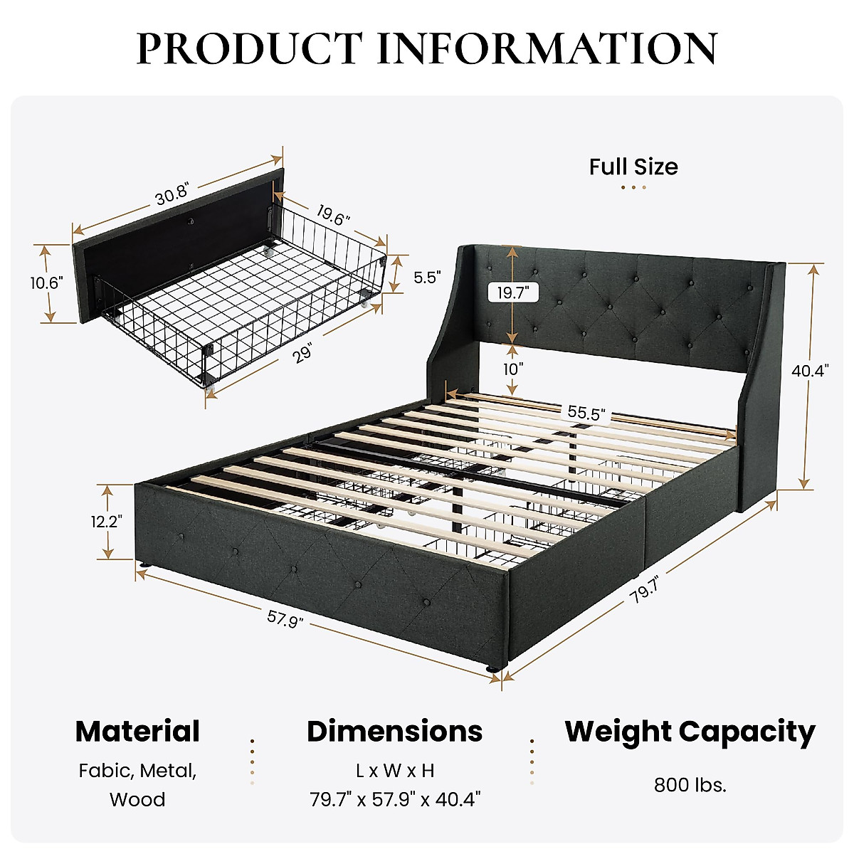 SHA CERLIN Upholstered Full Size Platform Bed Frame with 4 Storage Drawers and Wingback Headboard, Diamond Stitched Button Tufted Design, No Box Spring Needed, Dark Grey