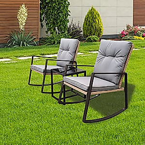 YIYAN 3 Piece Bistro Set Outdoor Patio Rocking Wicker Chairs with Washable Cushion and Coffee Table (Gray)