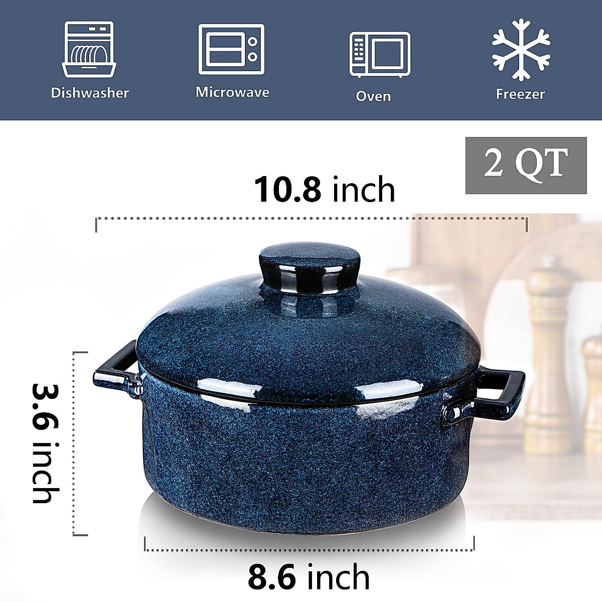 Vicrays Casserole Dish with Lid - Ceramic Lasagna Pan Deep 2 Quart Round Baking Dishes Covered Bakeware for Oven Safe Serving Dish with Handles for Party Dinner Banquet Daily Use (Blue)