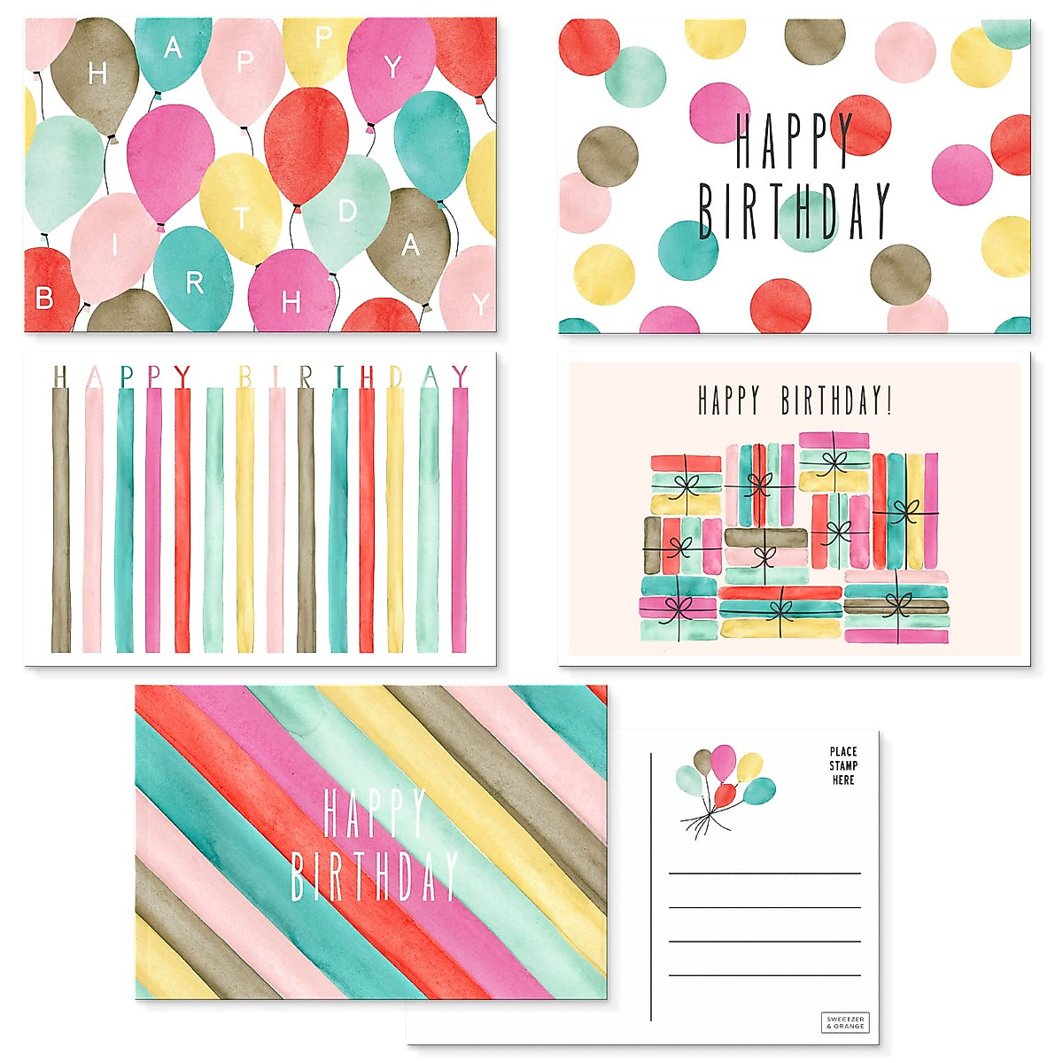 Sweetzer & Orange Happy Birthday Postcards Pack (60 Post Cards) 4x6” Postcards for Kids and Adults. 300gsm Note Cards. Happy Birthday Cards Assortment Greeting Cards. Blank Birthday Cards