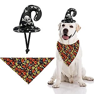 Dog Halloween Costumes, Adjustable Halloween Hat and Bandana Scarf for Dog, Funny Pet Halloween Party Dressup (Black)