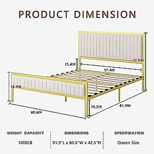 CIKUNASI Gold Queen Bed Frame, Upholstered Bed Frame with Velvet Headboard Footboard Heavy Duty Bed Frame with LED Lights/No Box Spring Needed/Easy Assembly