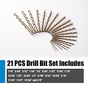 HIGHFIRE 21 PCS M35 Cobalt Drill Bit Set, HSS Twist Jobber Drill Bits with 135 Degrees Split Point, Gold Oxide Metal Drill Bits Set