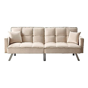 Legend Furniture 80'' Velvet Fabric Convertible Futon Bed with Two Pillows, Sleeper Sofa Couch with 3 Adjustable Backrests, Large Sleeping Area Sofabed, Cream