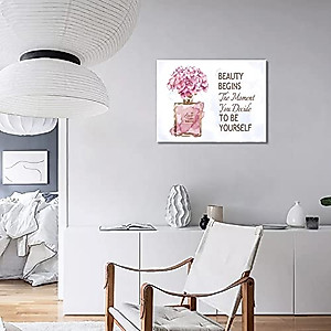 arteWOODS Fashioner Perfume Canvas Wall Art Gold Bottle Pink Flower Canvas Pictures Brown Inspirational Words Canvas Prints Motivational Quetos Wall Decor for Bathroom Bedroom Powder Room 16" X 12"