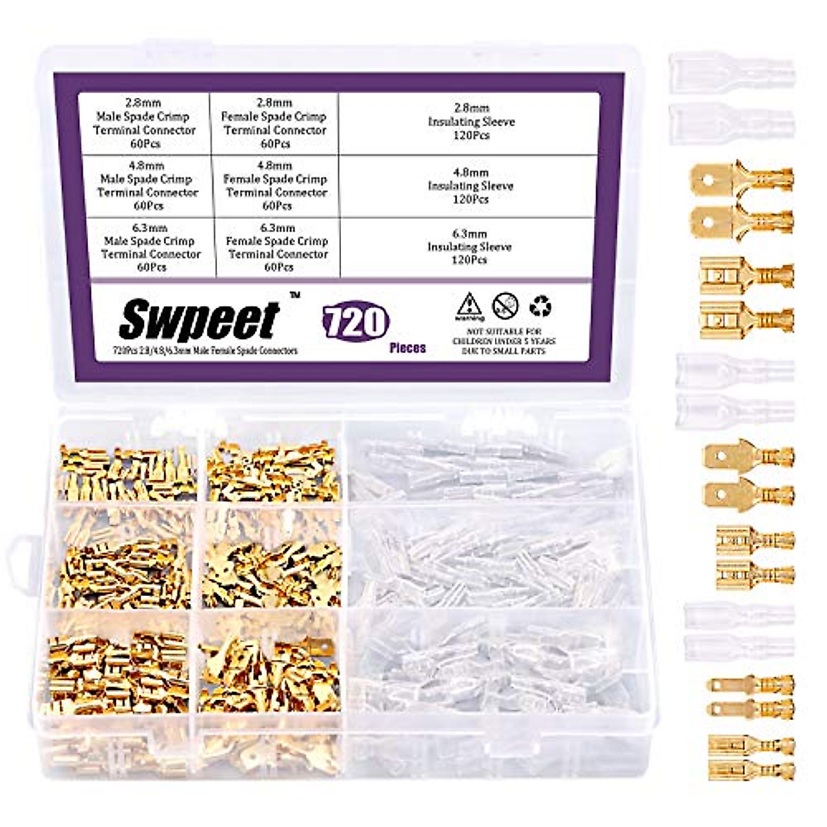 Swpeet 720Pcs Gold 2.8/4.8/6.3mm Male and Female Spade Quick Connectors Wire Crimp Terminal Block with Insulating Sleeve Assortment Kit Perfect for Electrical Wiring Car Audio Speaker
