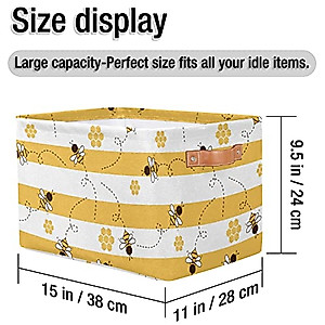 Storage Baskets with Handles, Bee Honeycomb Yellow White Stripe Storage Cube Rectangular Fabric Collapsible Toy Storage Bin Organizer for Closet Shelf Laundry Nursery Kids Bedroom, 15x11x9.5 In,1 Pack