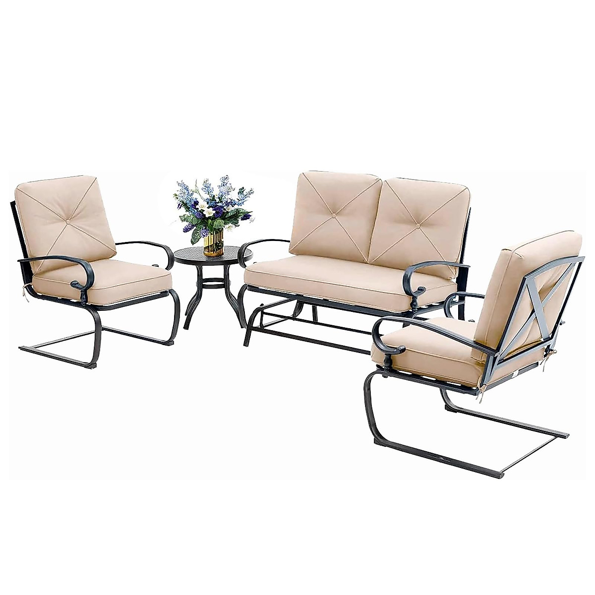 Oakmont 4 Pieces Metal Outdoor Furniture Patio Conversation Set, Glider Chairs Set with Round Side Table, Spring Lounge Chair Sets Metal Frame Wrought Iron Look (Brown)