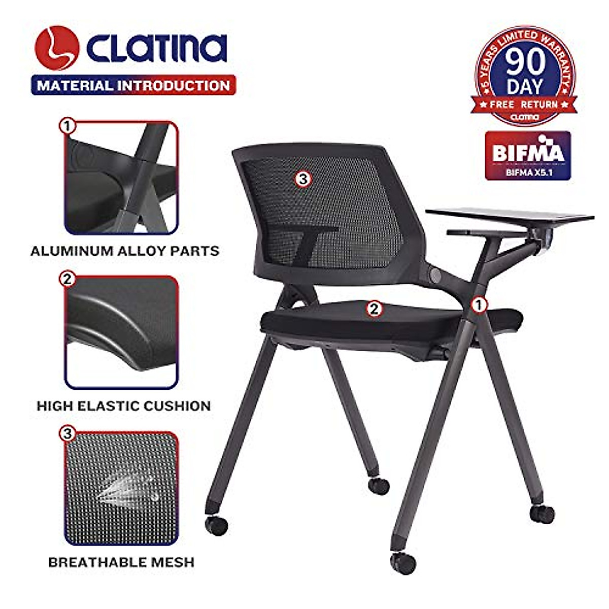 CLATINA Tablet Arm Chair with Caster Wheels Mesh Guest Nesting Stacking for Office School Classroom Training Conference Waiting Room Black