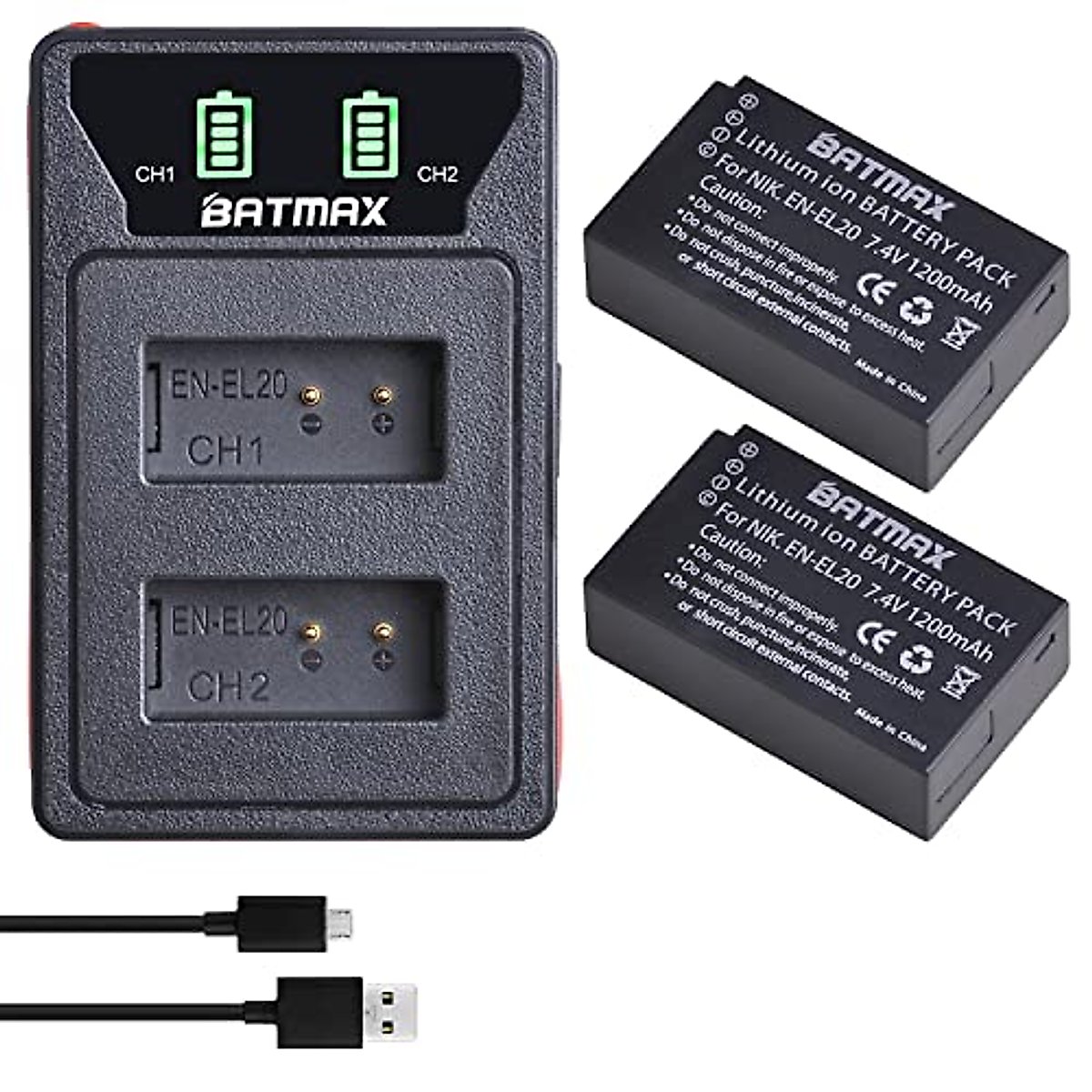 Batmax EN-EL20 Battery (2-Pack) + LED Built-in USB LCD Charger for Nikon EN-EL20 EN-EL20a Nikon P1000,1 J1, 1 J2, 1 J3, 1 S1, 1 V3, Coolpix A, 1 AW1,Coolpix P950 Cameras