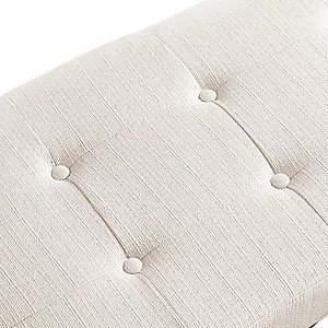 24KF Upholstered Tufted Long Bed Bench with Metal Frame Base, Linen Fabric Entryway Bench and Dining Bench- Ivory