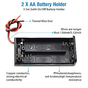 QTEATAK 5Pcs 2X 1.5V AA Battery Holder Case with On/Off Switch and Wire Leads