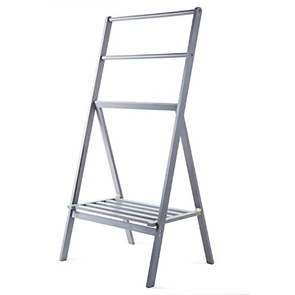 MyGift 43 Inch Rustic Dark Gray Solid Bamboo Freestanding Towel Rack, Bathroom Folding Towel Drying Stand with Bottom Storage Shelf