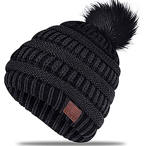 FashionLive Wireless Beanie Music Hat for Women Girls Upgrade Pompom Musical Headphone Stereo Speaker Hat with Mic Speakerphone Knit Pom Beanie Hat Warm Black