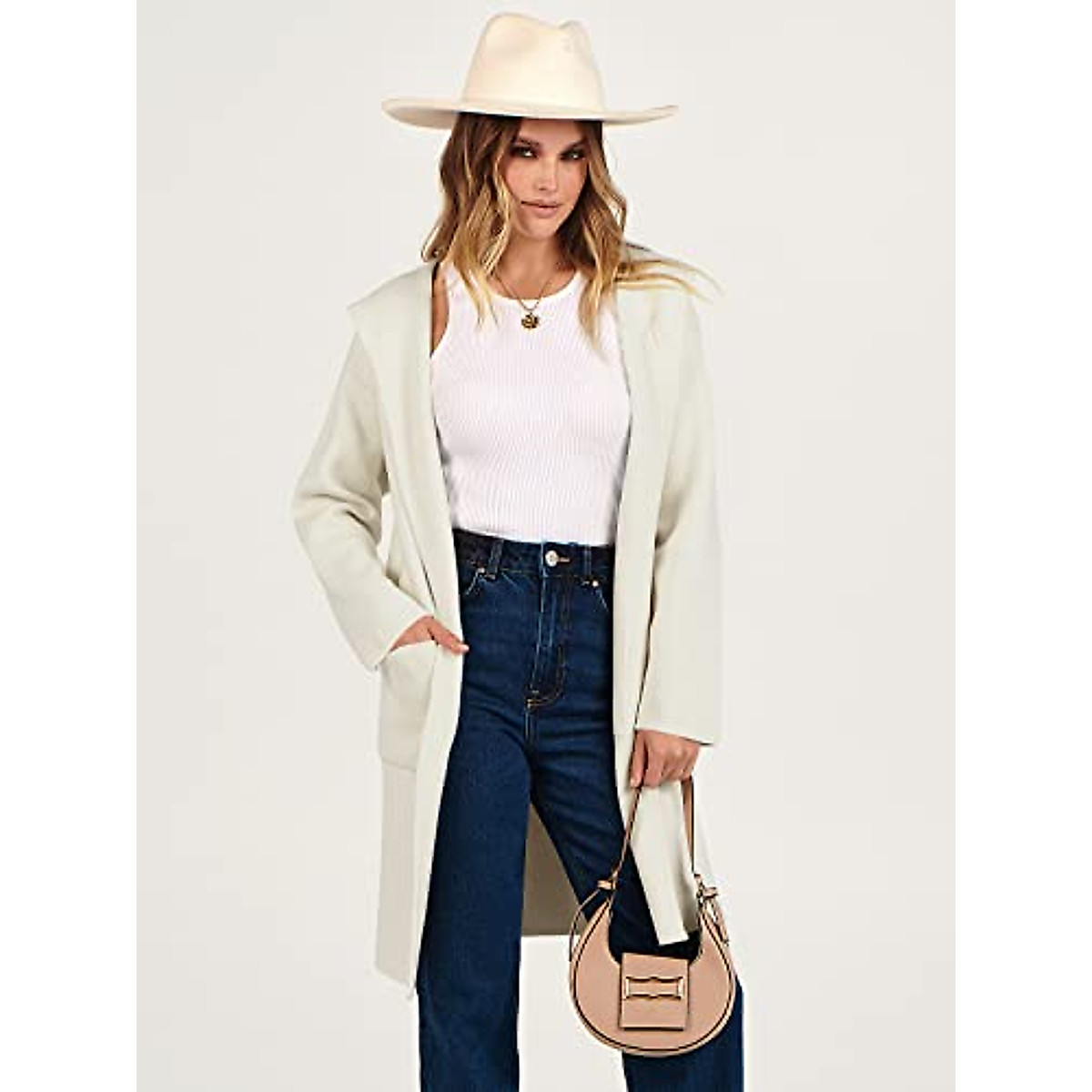 ANRABESS Cardigan for Women Open Front Long Sleeve Oversized Hooded Sweater Coat 2023 Fall and Winter Fashion Wool Coatigan Jackets Casual Knitted Clothes Outwear 957mibai-S White