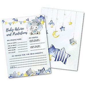 50 Deluxe Blue Elephant Advice and Prediction Cards- Large Double Sided 5 x 7 Inch for Baby Boy Shower Game, New Parent Message Book, Mom & Dad to Be, Decorations Activities Supplies Invitations