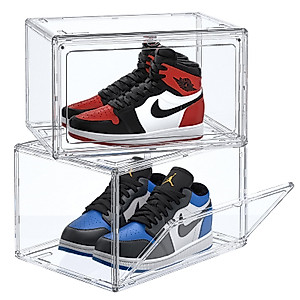 10 Pack Acrylic Ultra Clear Storage Sneaker Shoe Box Stackable Transparent Boxes, Magnetic Door Plastic Sneakerhead Professional Grade Display Case Boot Organizer, Fits US Size 15 Sneakers, Pack of 10