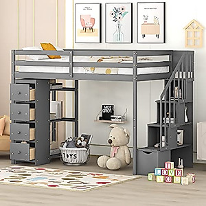 SOFTSEA Twin Loft Bed with Staricase and 4 Storage Drawers Solid Wood Loft Bed with Shelves