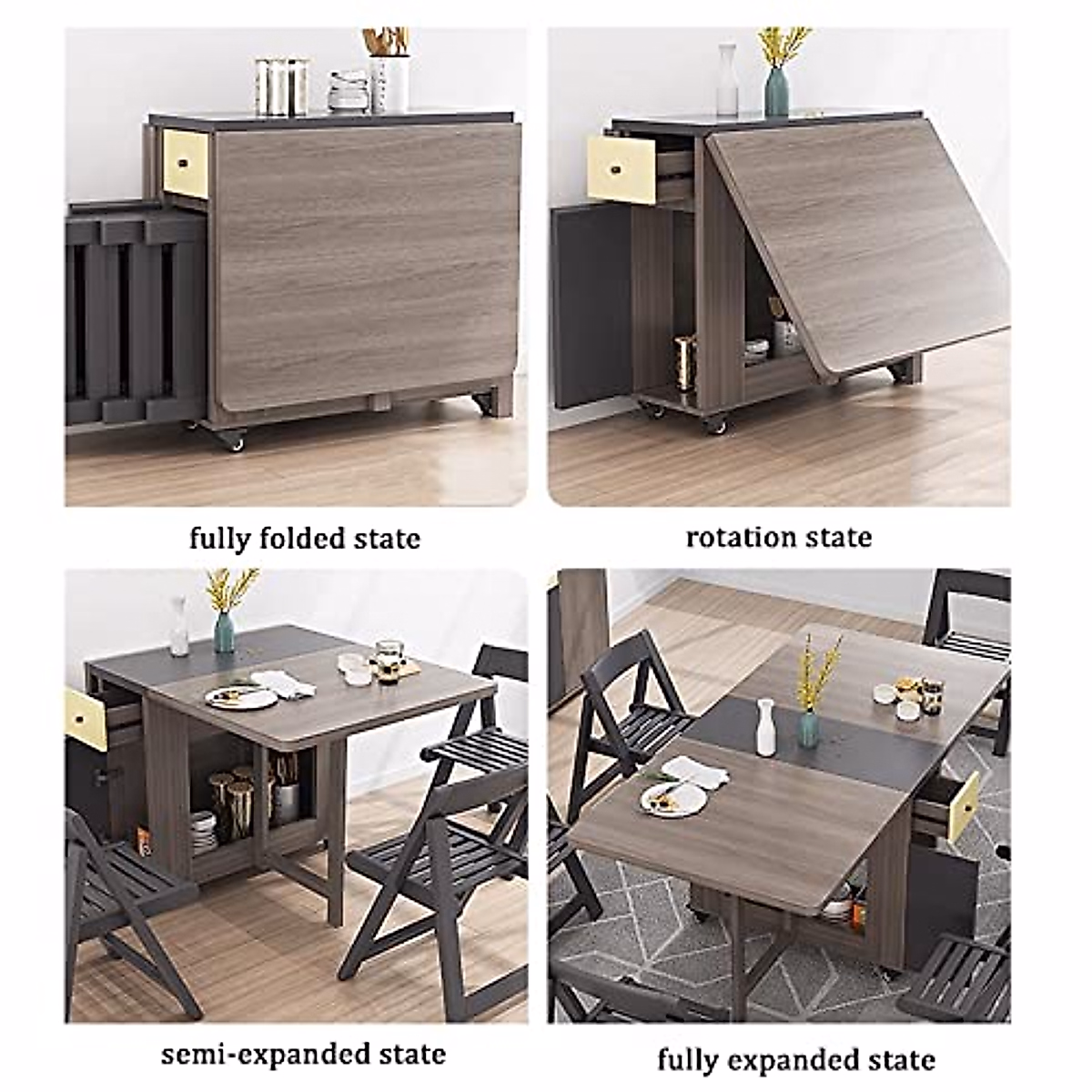 Folding Dining Table Set, Mobile Drop Leaf Dining Kitchen Table with 4 Chairs, Wood Simple Storage Table with 2 Wheels for Kitchen Dining Room Living Room Family Gathering. (1.5M)