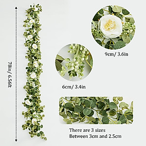 PARTY JOY 6.56ft Eucalyptus Garland with Flowers-8 White Roses, Artificial Fake Flowers Greenery Garland Floral Vines for Decoration Party Wedding Table Indoor Outdoor Backdrop Wall Decor(White)