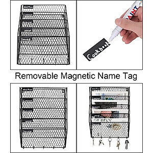 PAG 5 Tier Wall File Holder Hanging Mail Organizer Metal Chicken Wire Wall Mount Magazine Rack with hooks for Home and Office, Black