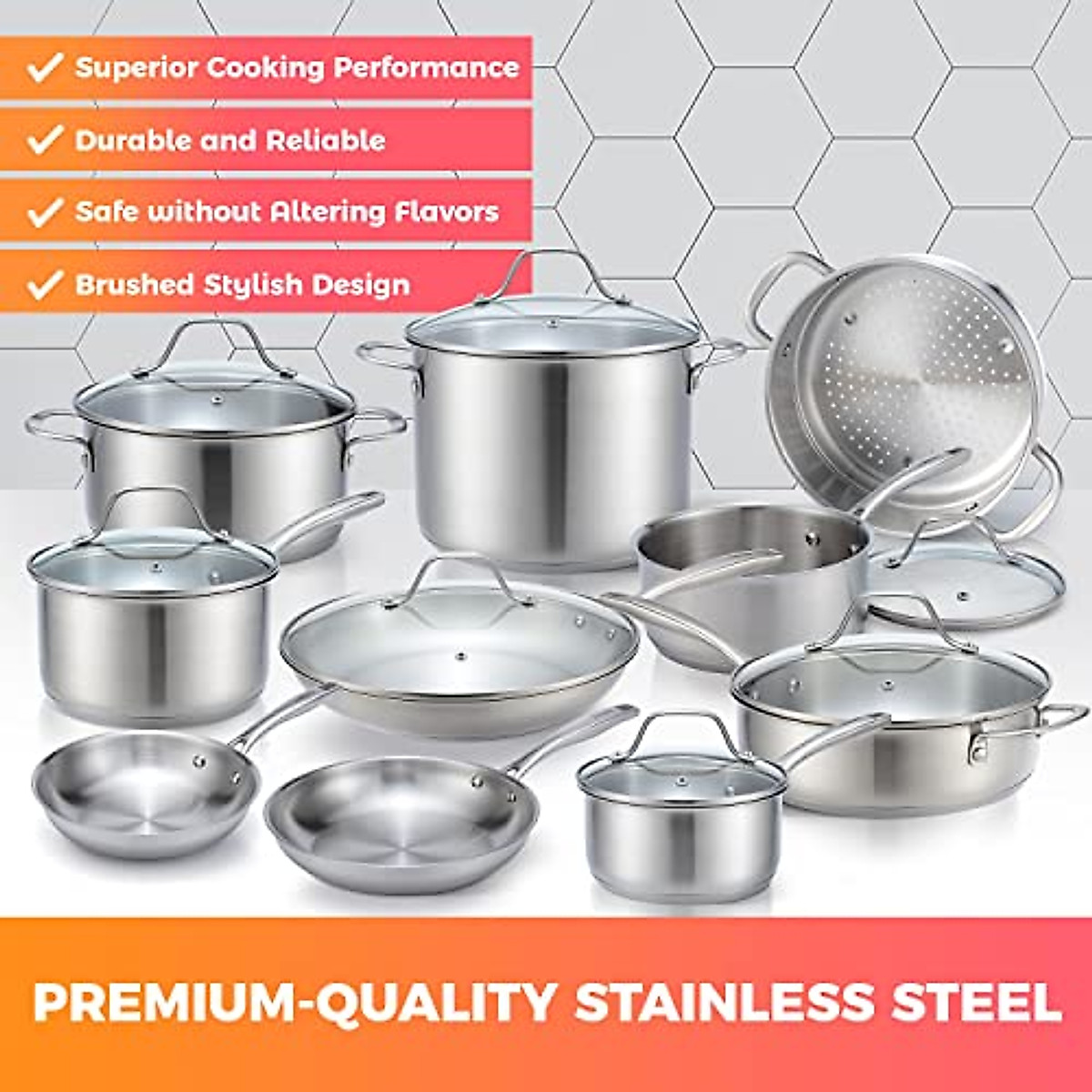 Mueller Pots and Pans Set 17-Piece, Ultra-Clad Pro Stainless Steel Cookware Set, Ergonomic and EverCool Stainless Steel Handle, Includes Saucepans, Skillets, Dutch Oven, Stockpot, Steamer and More