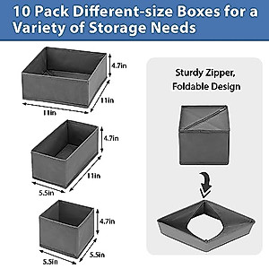 Fixwal 10 Pack Dresser Drawer Organizer for Clothing, Closet Organizers and Storage Box Foldable Fabric Drawer Dividers for Clothes Underwear Socks Bra Scarves Ties (Grey)
