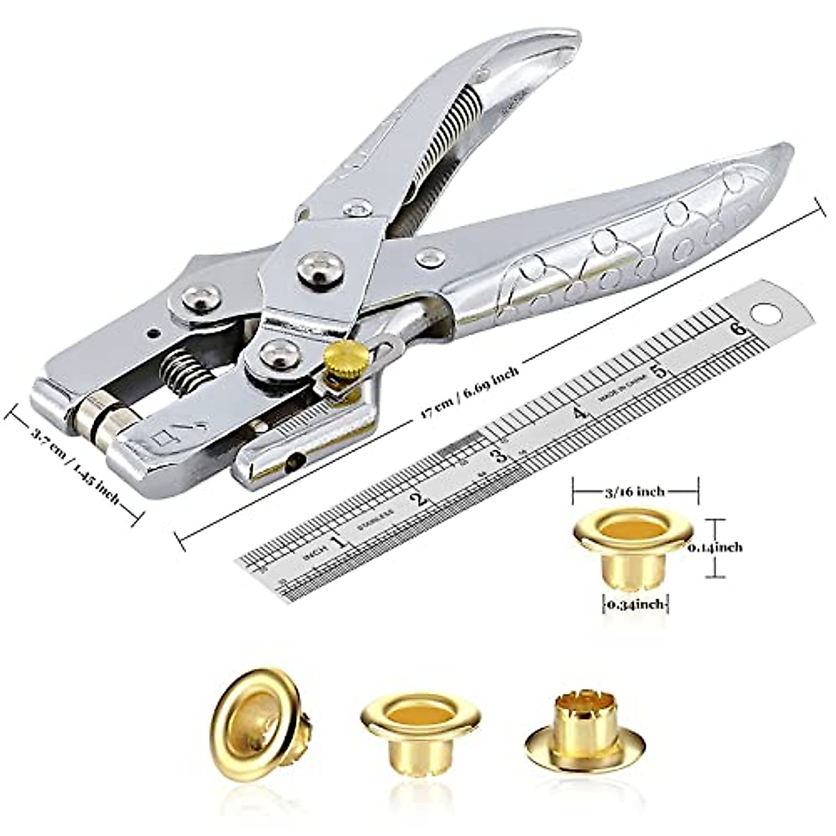 POUPHY Hole Punch Tool, Eyelet Hole Puncher Kits with 3/16 inch 200 Pcs Gold & Silver Metal Grommets for Leather Fabric Belt Clothes Card Paper Canvas Decorative Repair