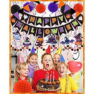 Oomloid Halloween Party Decorations Indoor - Happy Halloween Banner, Hanging Swirl Streamers, Halloween Sign Triangle Flag Bunting Halloween Supplies for Trunk or Treat Decorations