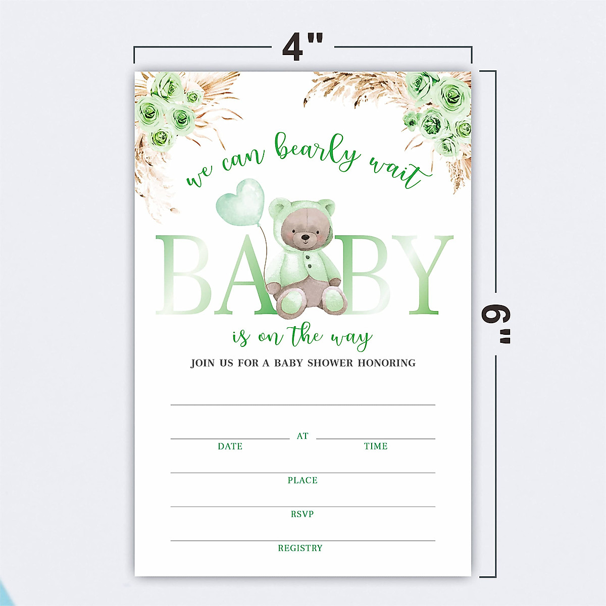 JCVUK Set of 25 Baby Shower Invitations with Envelopes, Diaper Raffle Tickets and Baby Shower Book Request Cards,Green Bear Theme Babyshower Party For Boys or Girls(YQKTZ-B16