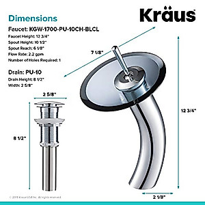 Single Lever Vessel Glass Waterfall Bathroom Faucet Chrome with Black Clear Glass Disk and Matching Pop Up Drain