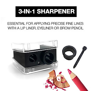 Palladio Double Barrel 3 in 1 Cosmetic Pencil Sharpener with Cover, Stainless Steel Blade, Size Adjuster, Essential for Small and Extra Large Lip Liner, Eyeliner, Brow Pencils