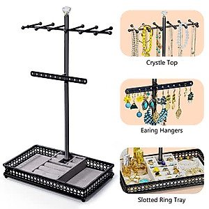 Meangood Jewelry Tree Stand Organizer 3in1 Necklace Organizer Display Bracelet Earrings and Ring Tray Jewelry Holder Hanger Metal（Black）