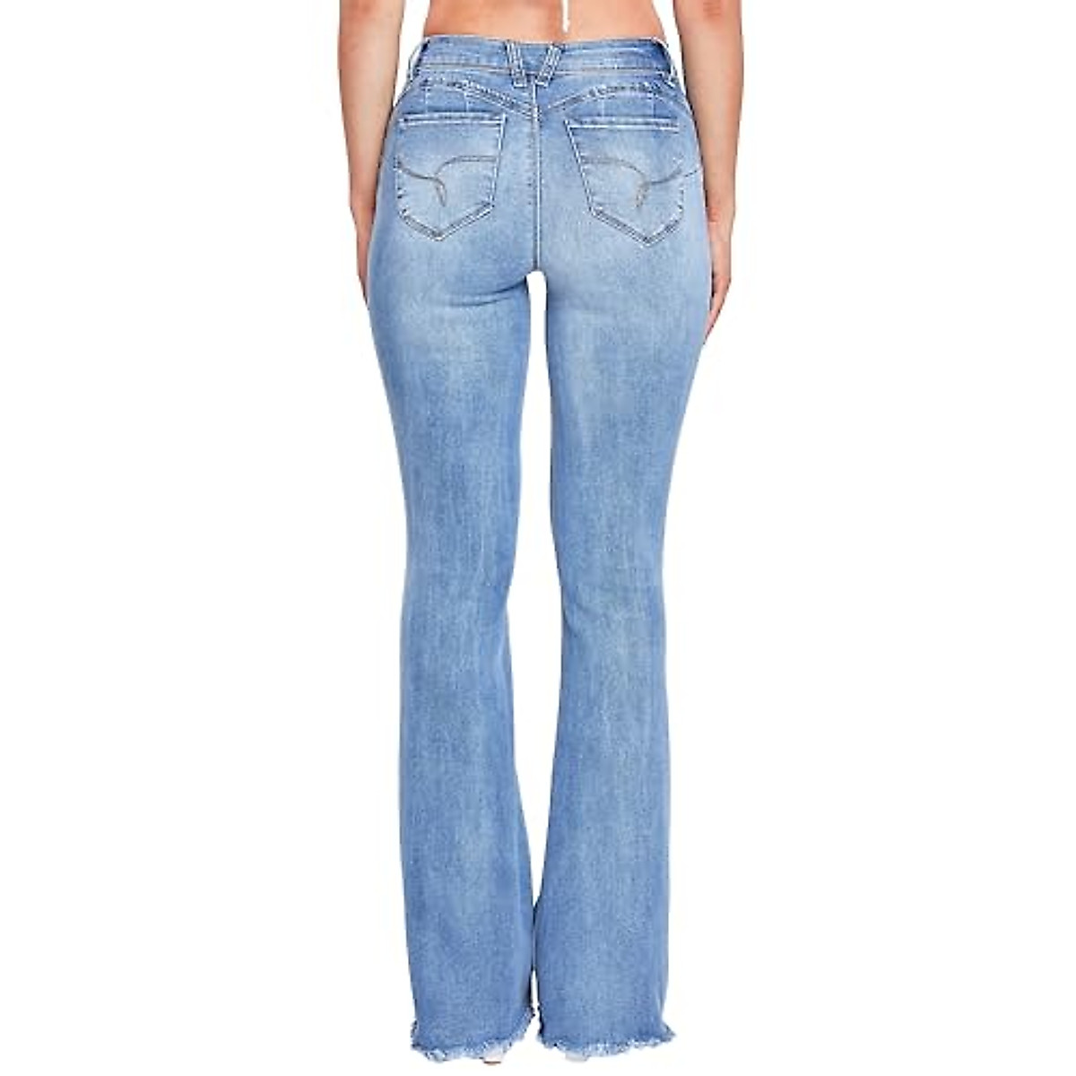 YMI Women's Wannabettabutt Highrise Super Flare Distressed Hem Denim Jeans(Medium Blue Rips,1)