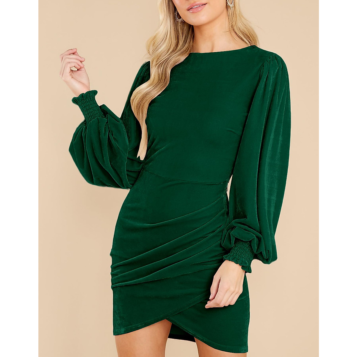MITILLY Women's Elegant Velvet Long Sleeve Bodycon Dress Wrap Ruched Wedding Guest Formal Cocktail Mini Dress Medium Dark Green